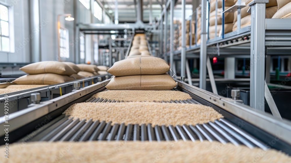 A conveyor belt moving bags of rice to the weighing and packaging ...
