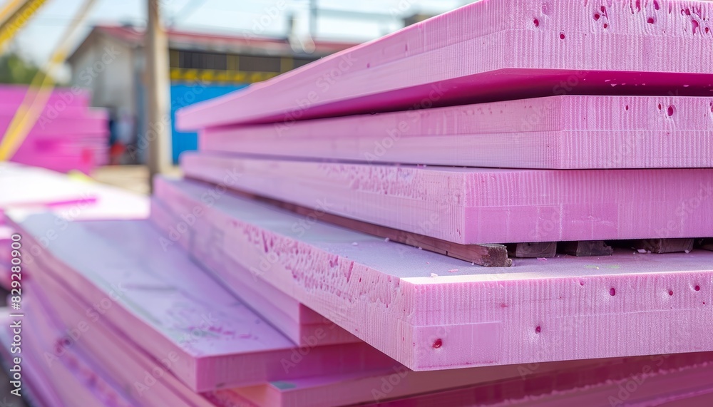 Stacked pink XPS foam thermal insulation boards on construction site ...
