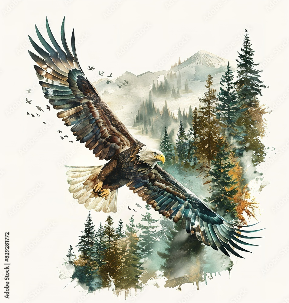 realistic flying eagle with forest in the background, images watercolor ...