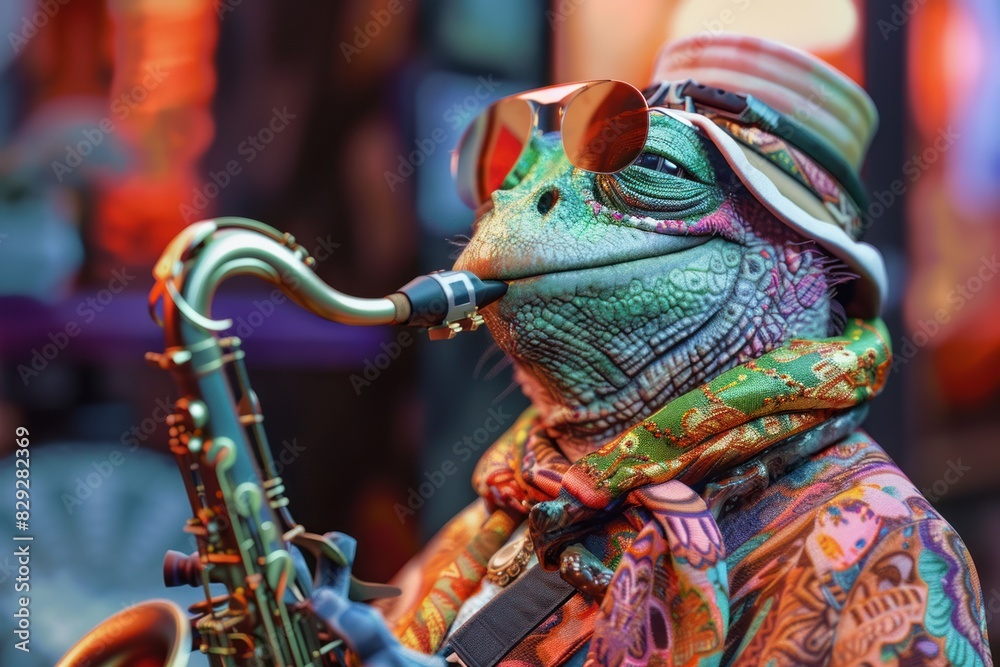 Trippy illustration with hippie jazzman or musician tropical chameleon ...
