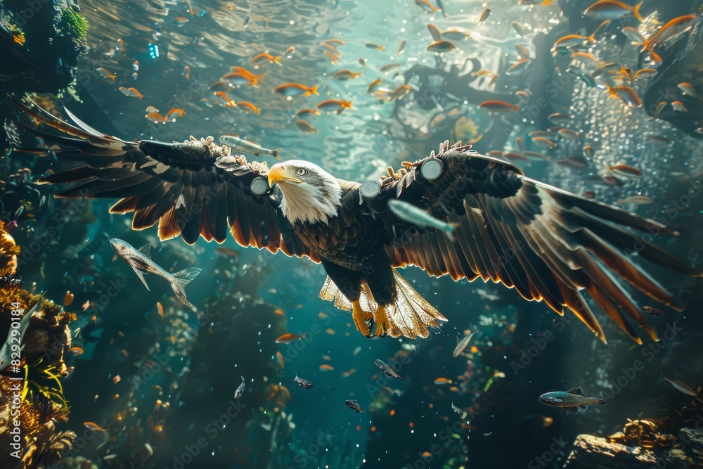 A futuristic scene of a cyborg eagle chasing a fish through a high-tech ...