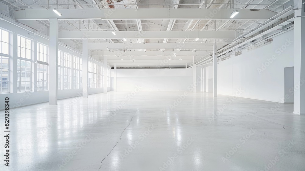 Empty white warehouse interior with clean, open space and a pristine ...