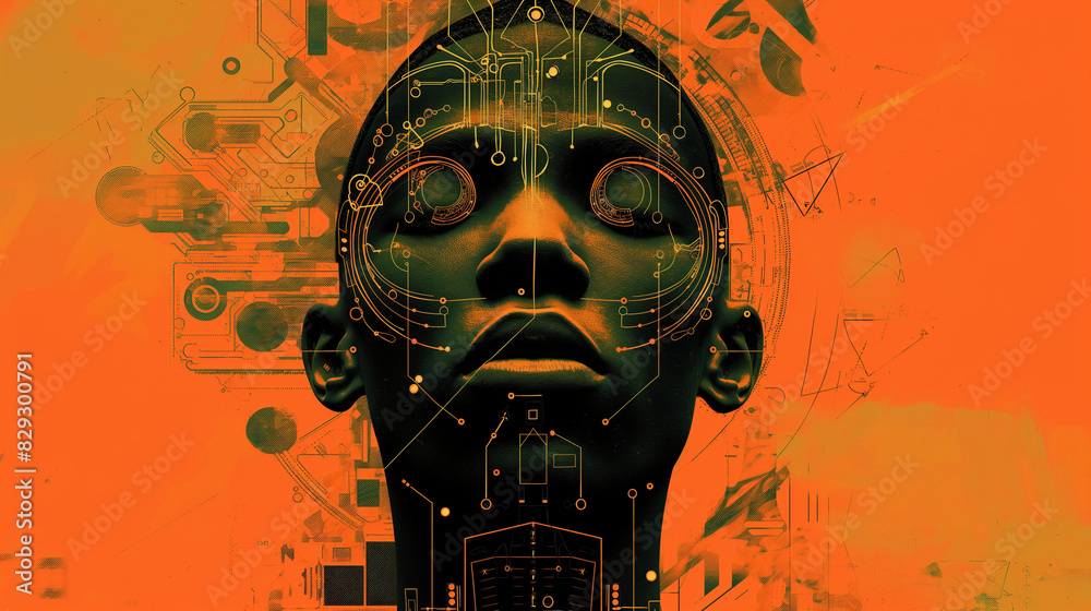 A futuristic album cover featuring an AI humanoid head with circuitry ...