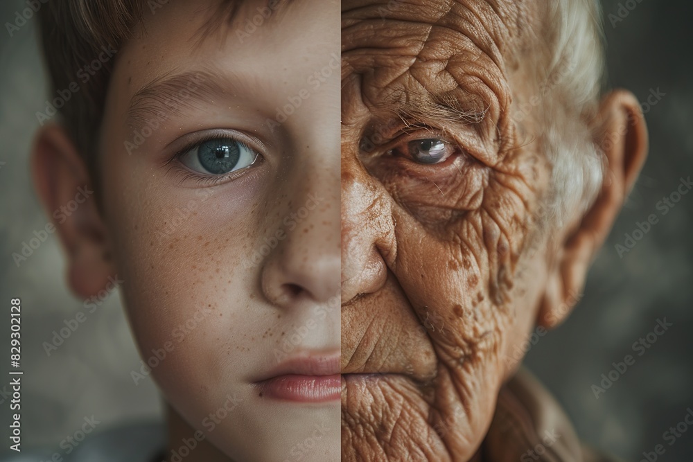 Face divided into two halves - one half of kid boy and half of old man ...