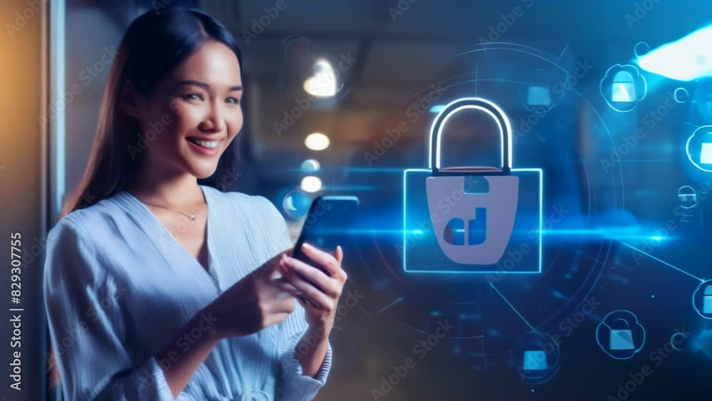Smiling woman managing cybersecurity on her smartphone, with a digital ...