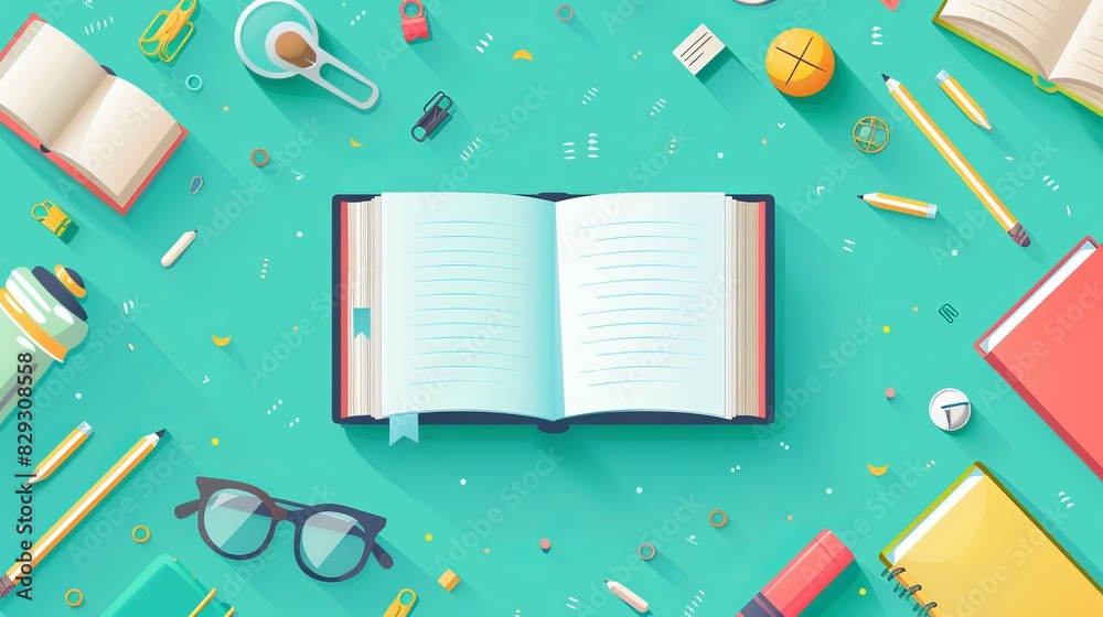 Book and pencil, flat design, top view, Trophy, pastel colors ...