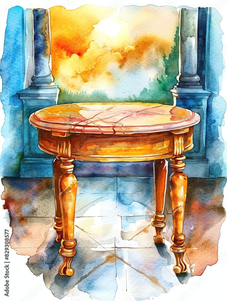 An illustration of a round table with a marble top. The table is placed ...