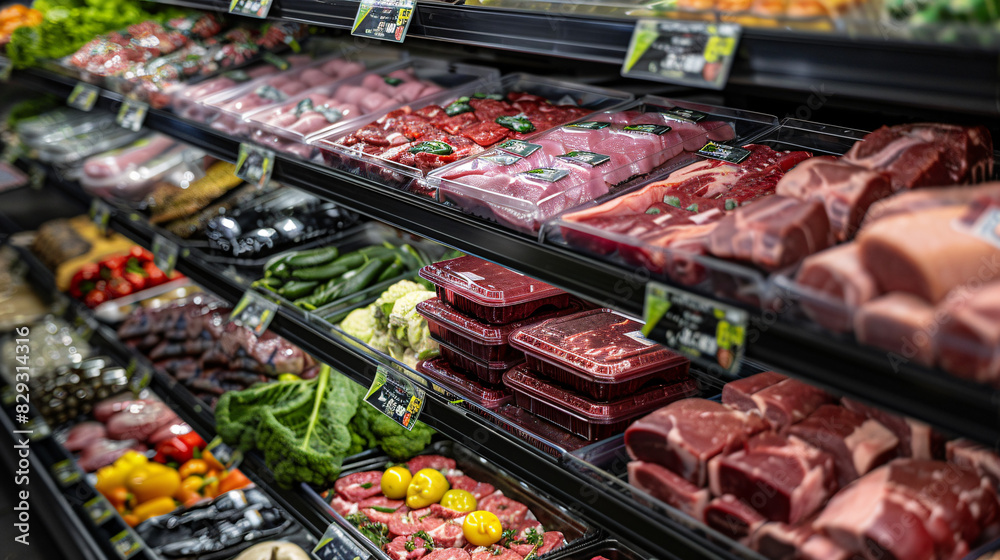 Various varieties of fresh meat on the shelves in a grocery supermarket ...