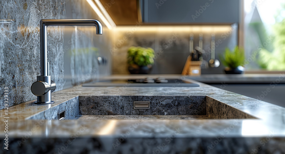 Composite granite sink in a modern kitchen design, close-up shot ...