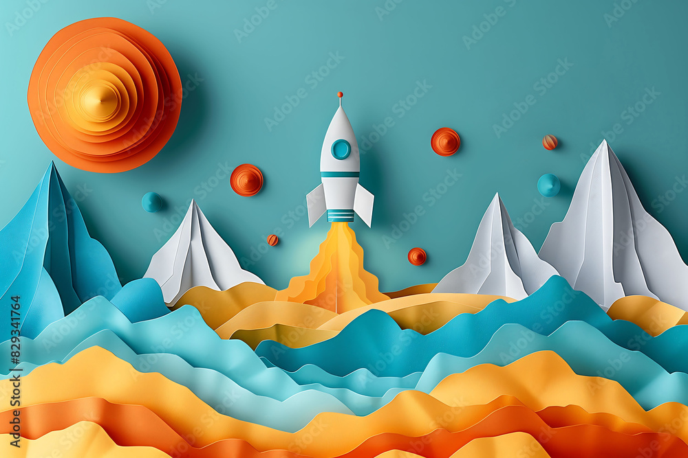 A dynamic and colorful paper rocket launching into space, surrounded by ...