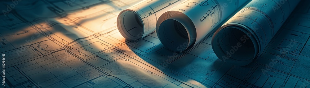 Digital Blueprints rolled up atop an architectural plan casting soft ...