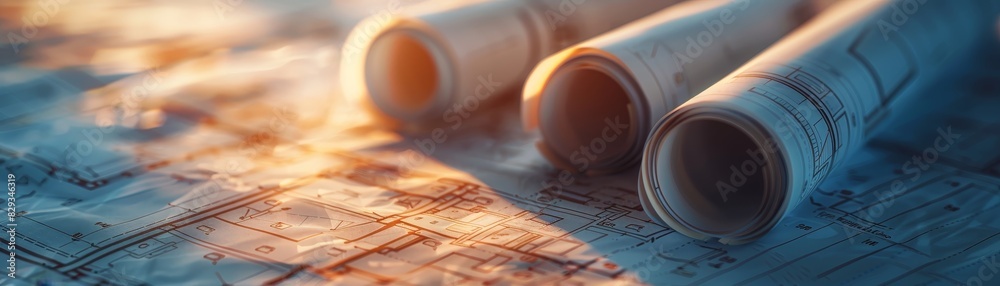 Digital Blueprints rolled up atop an architectural plan casting soft ...