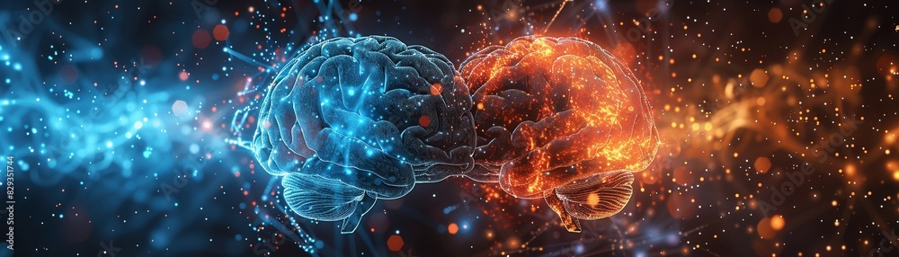 Craft an innovative graphic featuring a dynamic brain split in half ...