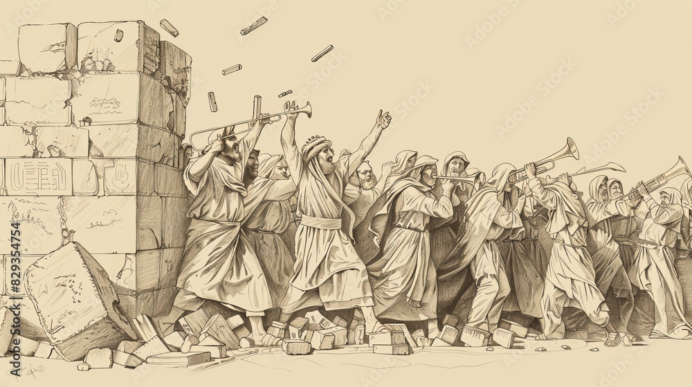 Biblical Illustration: The Fall of Jericho, Walls Crumbling, Israelites ...