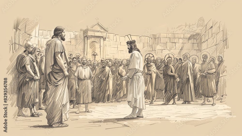 Biblical Illustration: Jesus Before Pilate, Standing Trial, Crowd ...