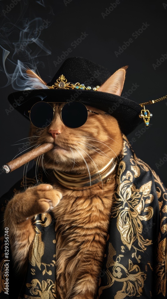 Cat wearing sunglasses, smoking a cigar, and a gold necklace The cat ...