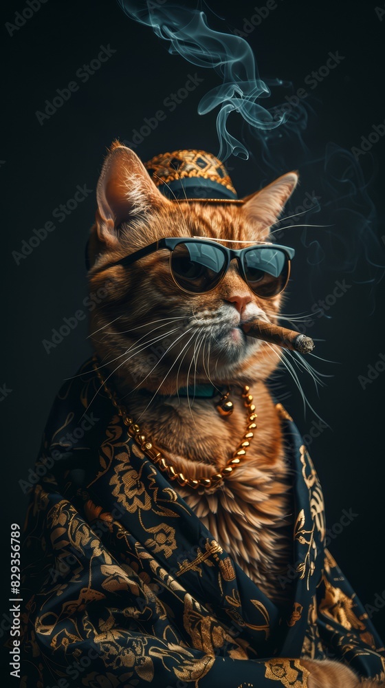 Cat wearing sunglasses, smoking a cigar, and a gold necklace The cat ...