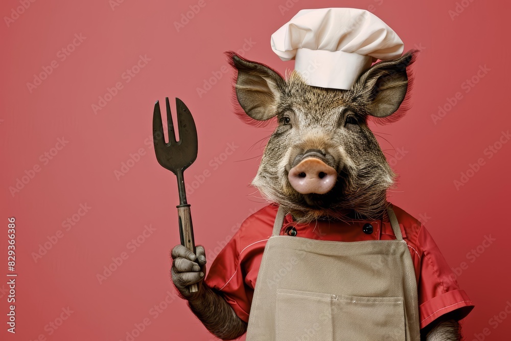 A wild boar dressed as a chef, with a toque and apron, holding a ...