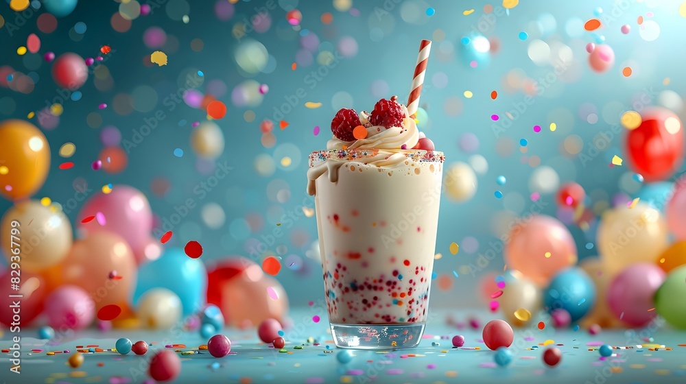 A glass of milk with a straw, set against a backdrop of colorful ...
