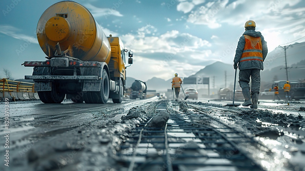 highway construction progress, with workers laying down steel ...