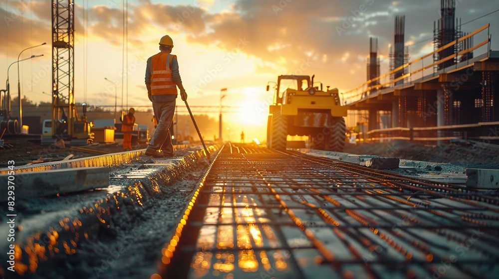 highway construction progress, with workers laying down steel ...