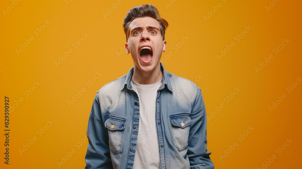 In everyday clothes, with a smile on his face, a young man lets out an ...