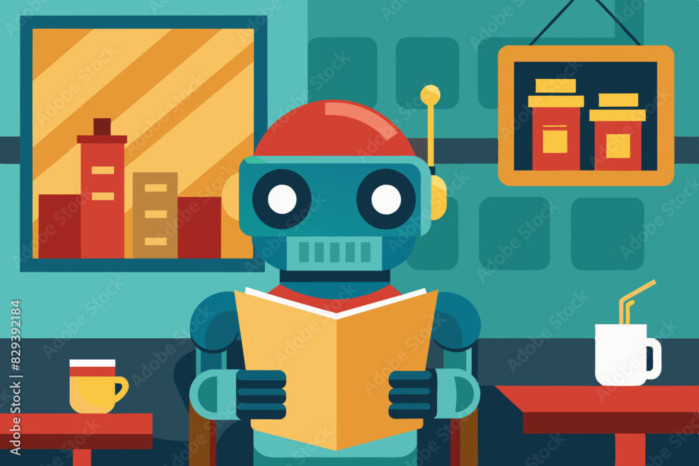 Robot reading a newspaper in cozy cafe. Generating a multimodal AI ...