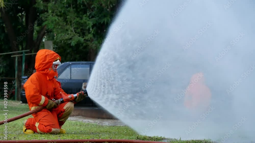 Firefighter Rescue team training in fire fighting extinguisher ...