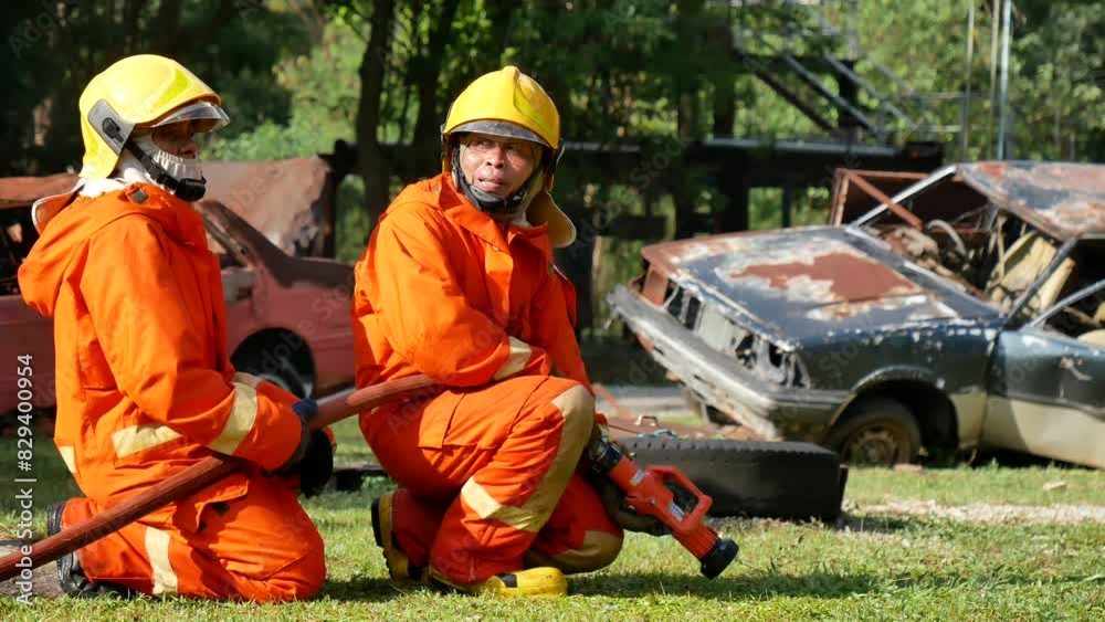 Firefighter Rescue team training in fire fighting extinguisher ...