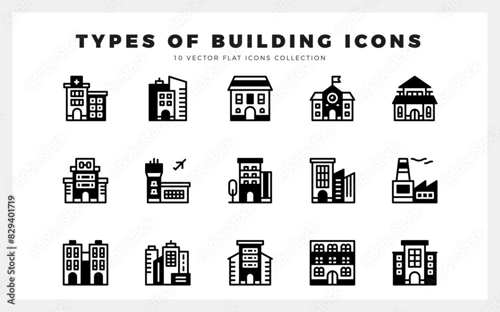 15 Types Of Building Lineal Fill icons pack. vector illustration. Stock ...