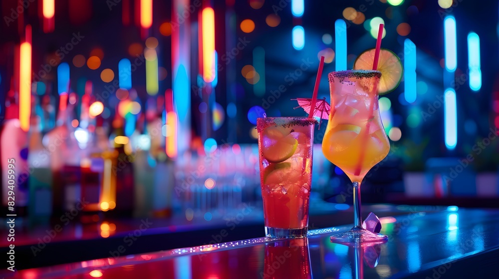 Colorful cocktails in a glass on the bar counter, neon lights on dark ...