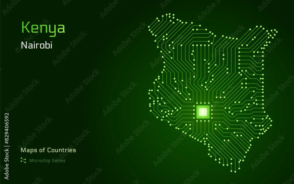 Kenya Map with a capital of Nairobi Shown in a Microchip Pattern with ...