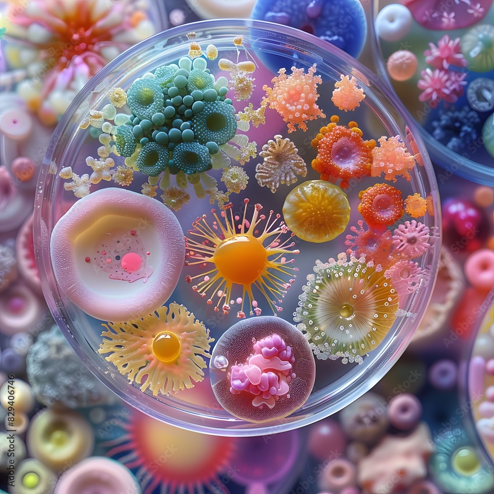 Colorful variety of microorganism inside petri dish plate in laboratory ...