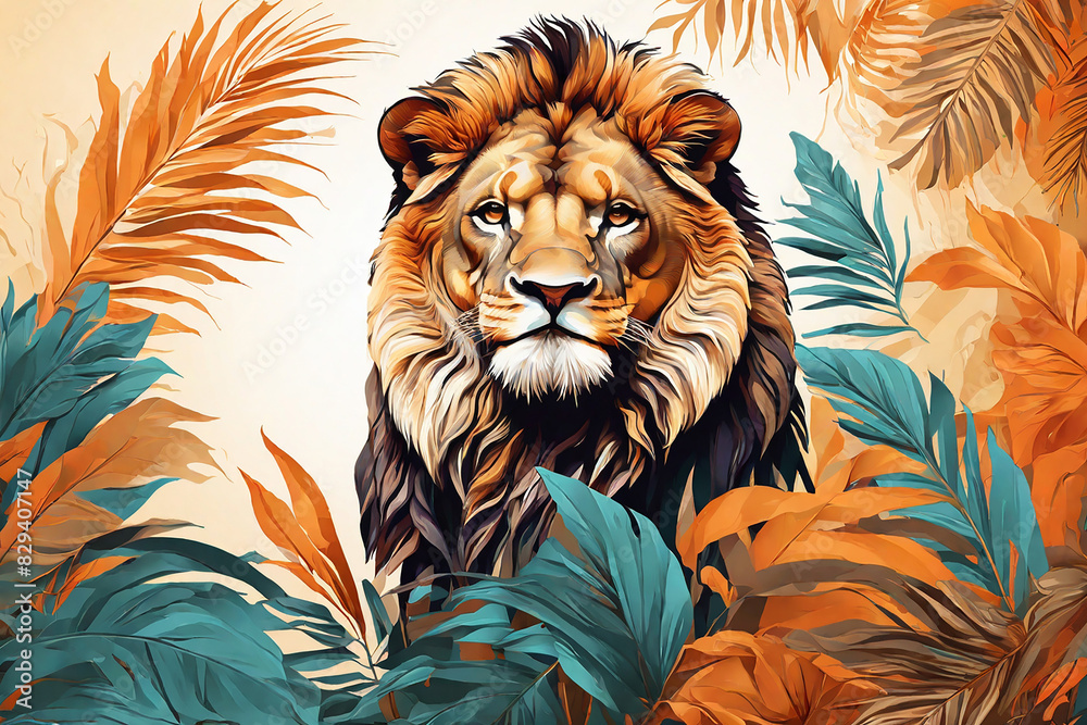 Tropical background with a lion and palm leaves. Vector illustration ...