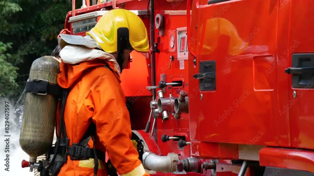 Fireman prepare equipment fighting extinguisher at fire engine truck ...
