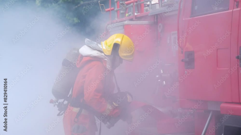 Fireman prepare equipment fighting extinguisher at fire engine truck ...