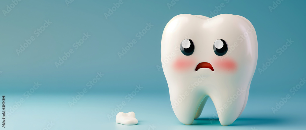 Cartoon tooth with a sad face and a missing tooth, depicting dental ...