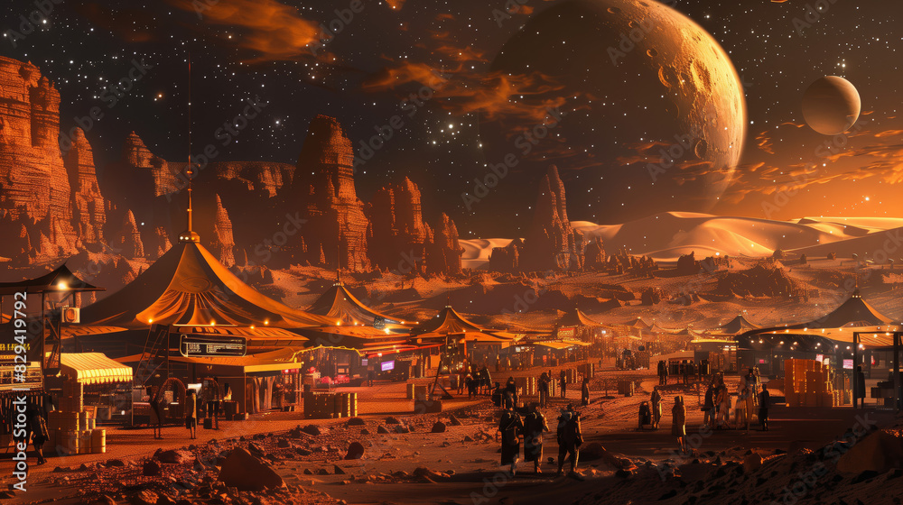 A bustling night market on Mars, with alien vendors and Earth tourists ...