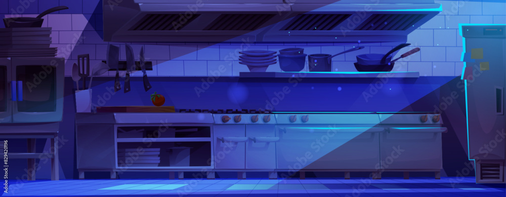 Restaurant kitchen interior at night. Cartoon vector empty dark evening ...