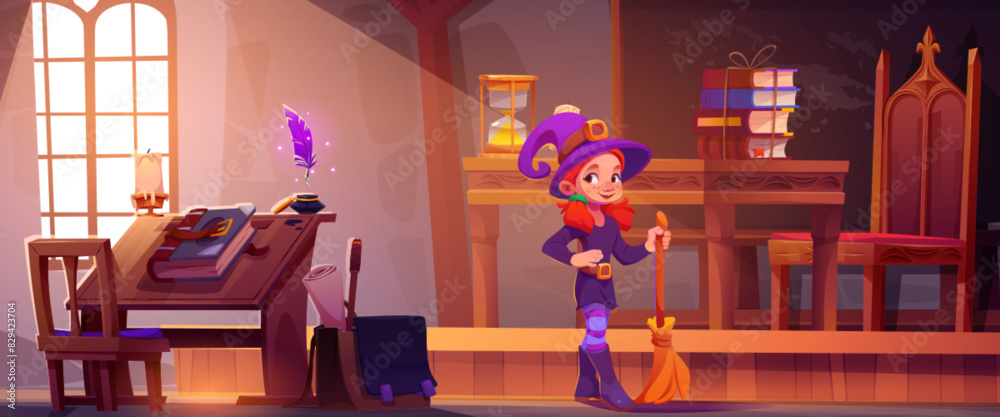 Magic wizard school interior with kid girl witch in hat and with broom ...