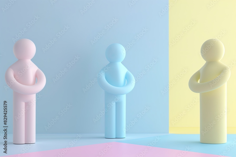 3D illustration of three human figures in simple shapes with pastel ...