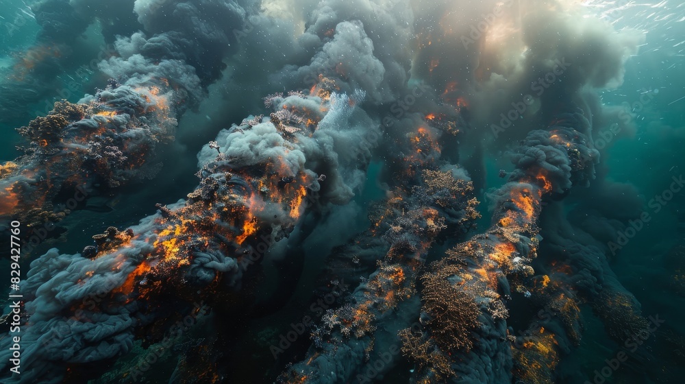Oil spill impact on a coral reef, with corals coated in oil, dying ...