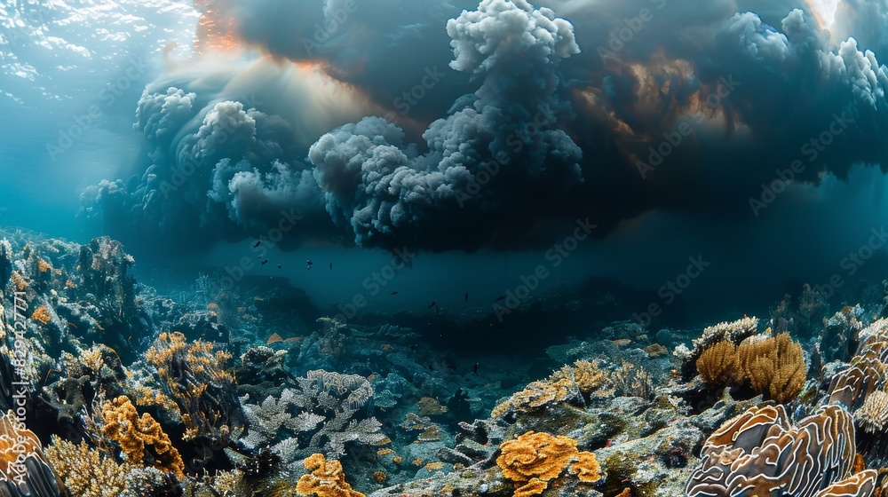 Oil spill impact on a coral reef, with corals coated in oil, dying ...