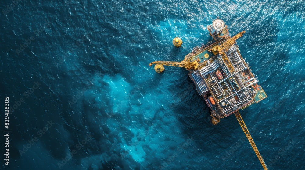 Top view of an offshore oil rig surrounded by deep blue waters, with ...