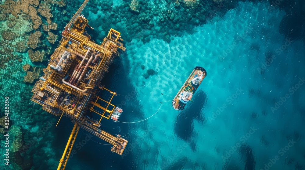 Top view of an oil rig in a crystal-clear sea, underwater pipelines ...