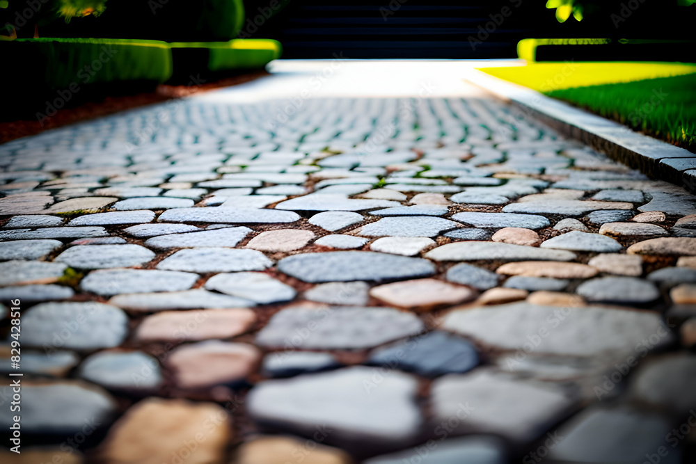 Cobblestone entrance in the garden, graphite paving stone texture ...