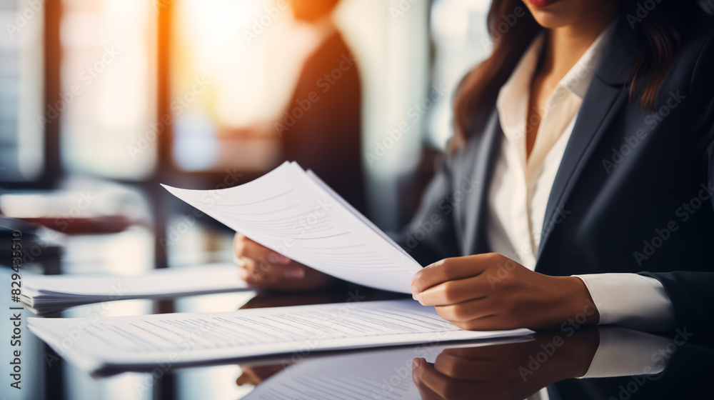 Businesswomen use elegant pen to signing contract in modern office. The ...