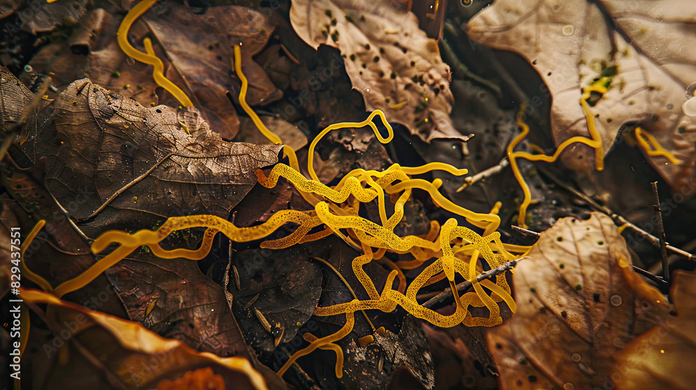 Vivid yellow slime mold on decaying leaves, showcasing branching ...