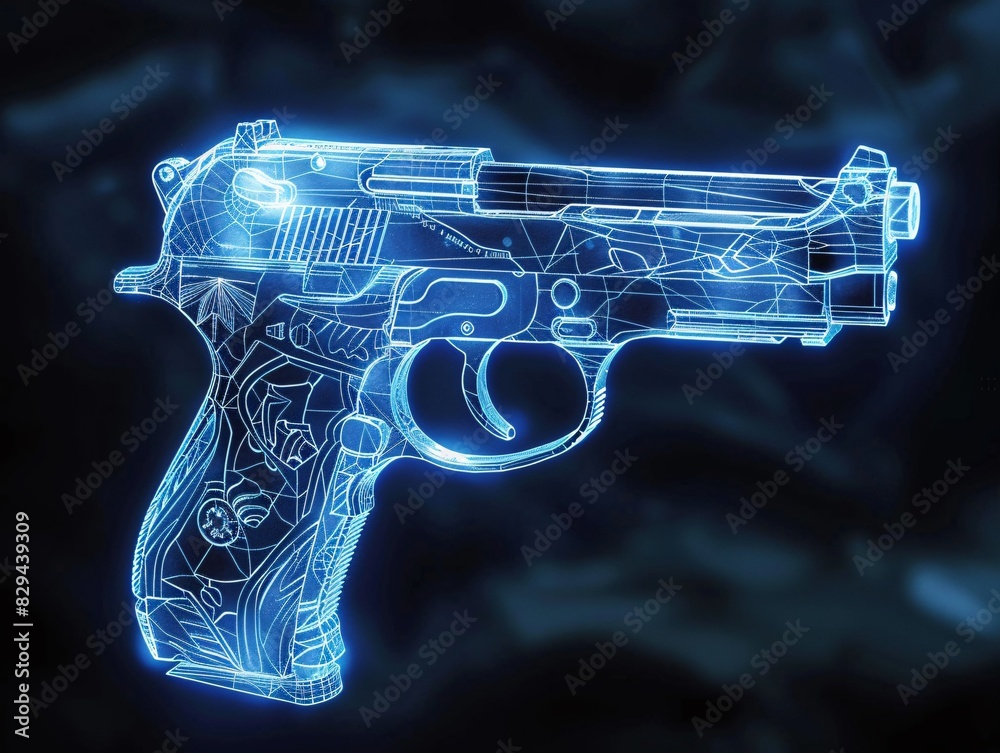 blue print of hand gun or holographic handgun on dark background ...