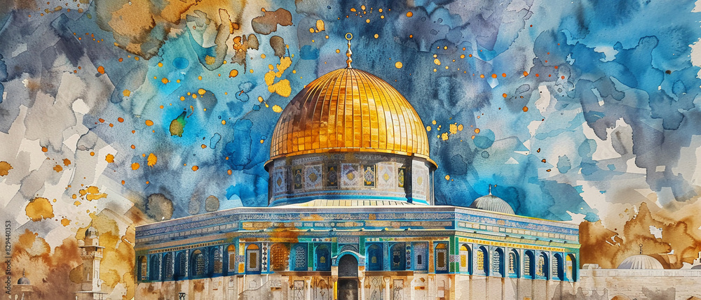 Watercolor hand draw The Dome of the Rock in Jerusalem is a prominent ...